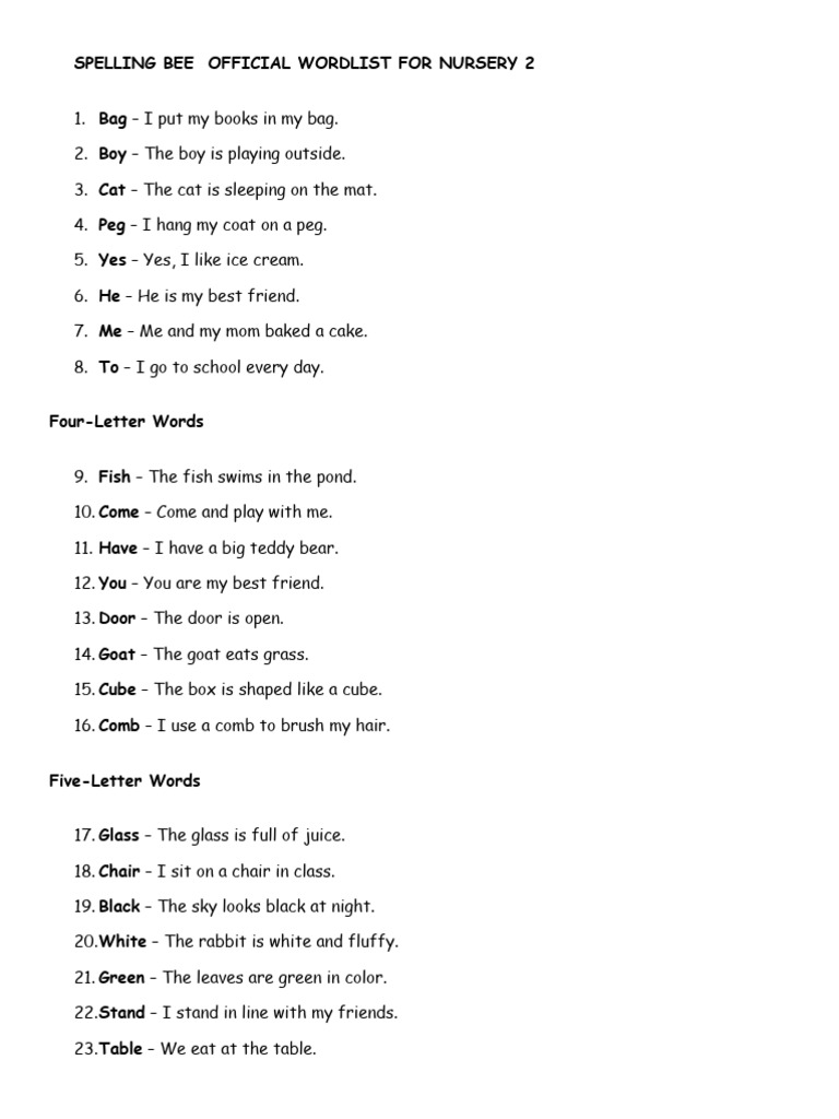 Spelling Bee Official Wordlist For Nursery 2 | PDF
