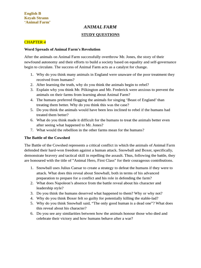 Animal Farm CH 4 Study Questions | PDF