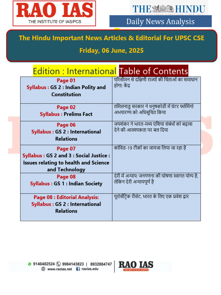 Rao IAS Hindi 6 June The Hindu Imp News Articles and Editorial | PDF