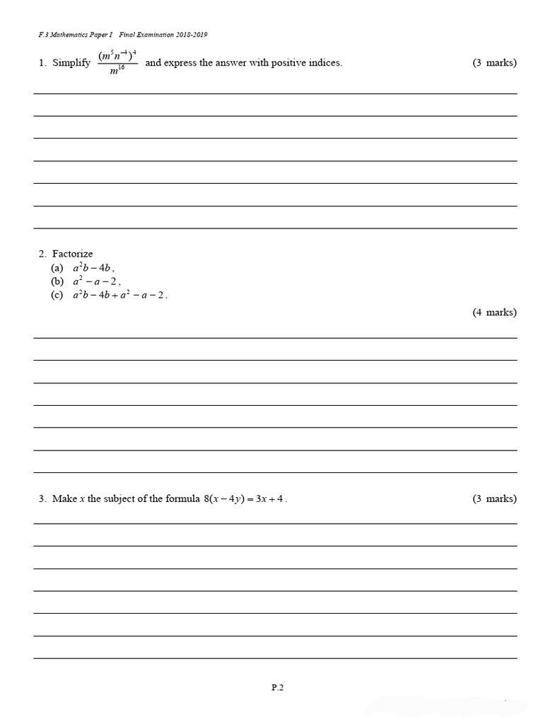 ST Stephen Girl College F3 Math P1!18!19 Final Exam | PDF | Mathematics ...