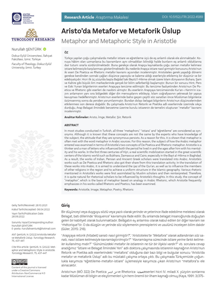 Aristo'da Metafor Ve Metaforik Üslup | PDF