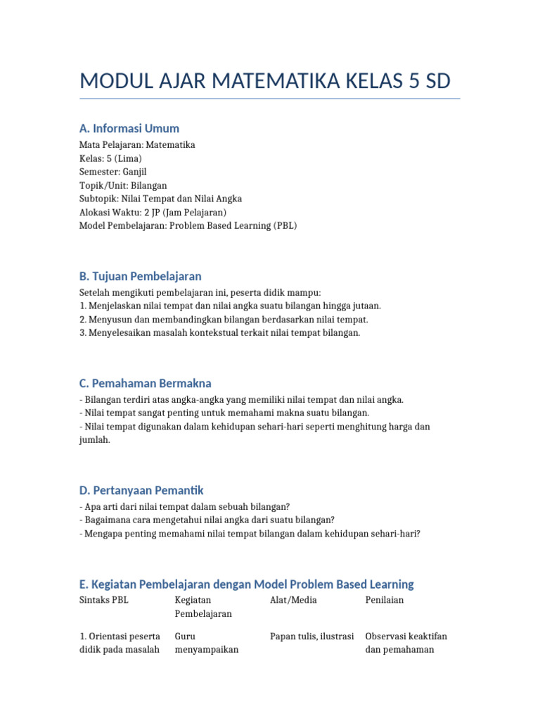 Modul Ajar Matematika Kelas 5 Nilai Tempat PBL | PDF