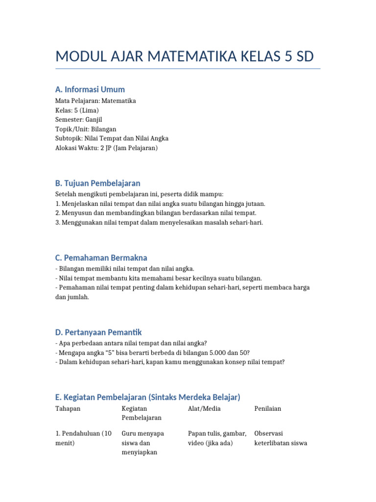 Modul Ajar Matematika Kelas 5 Nilai Tempat | PDF