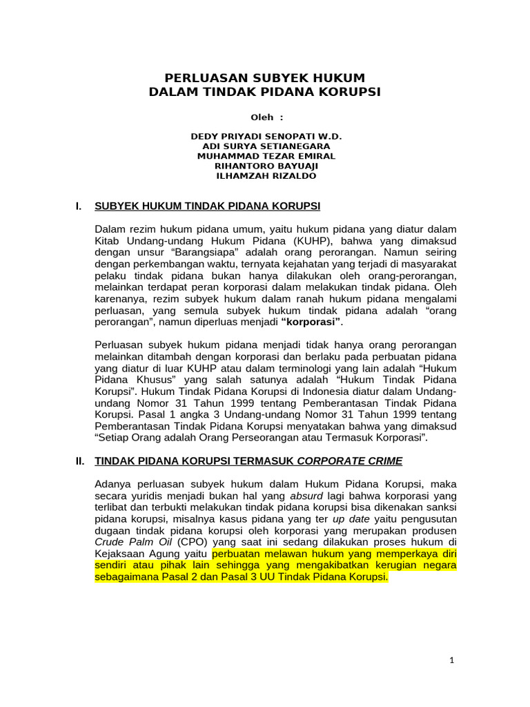 Artikel Subyek Hukum Tipikor Rev 090525 | PDF