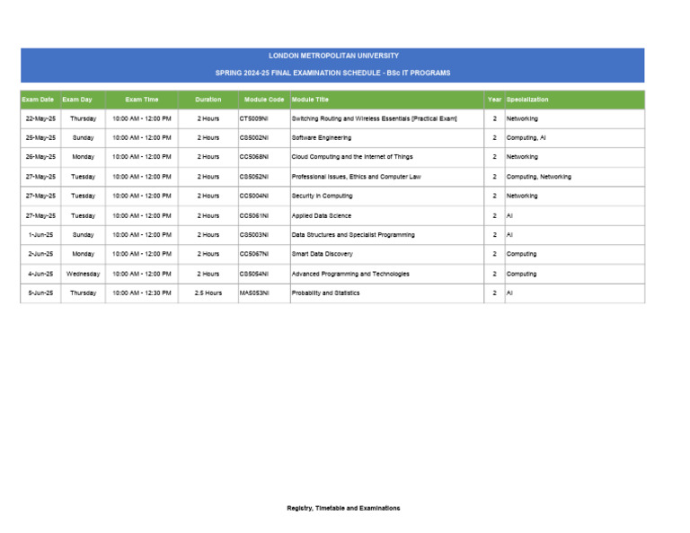 London Met Spring 2024 Exam Timetable | PDF