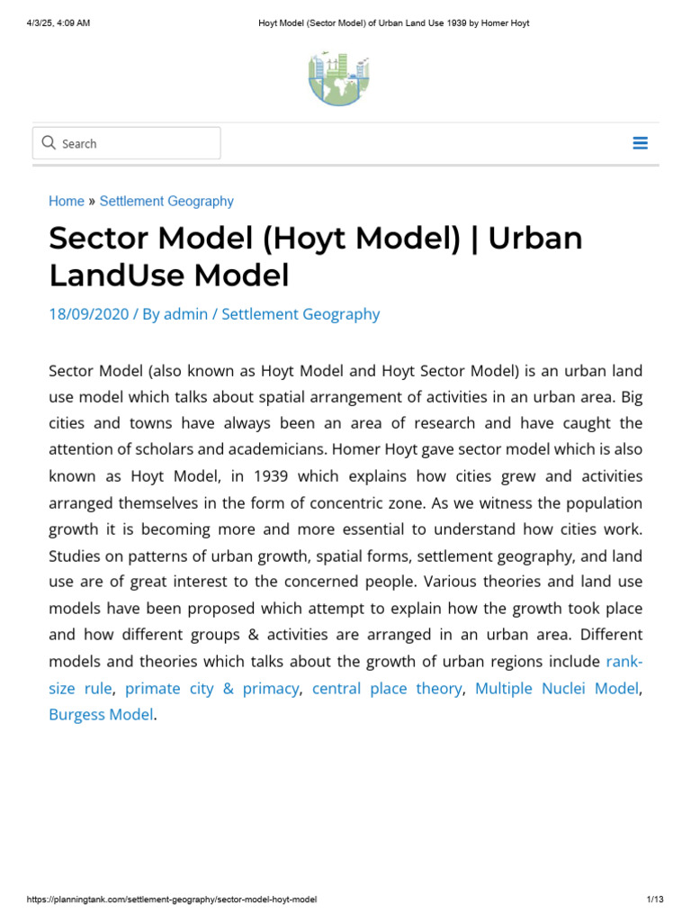 Hoyt Sector Model of Urban Land Use | PDF | Urban Planning | Urbanization