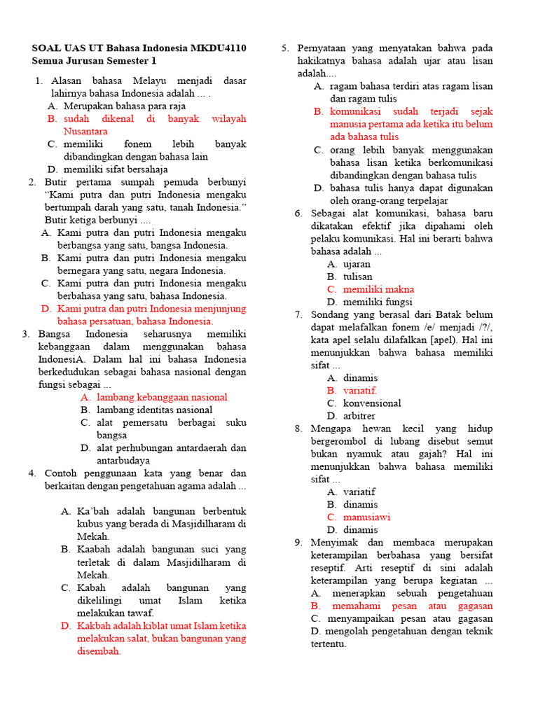 SOAL UAS UT Bahasa Indonesia | PDF