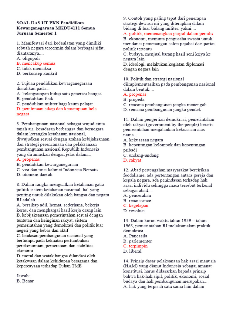 SOAL UAS UT PKN Pendidikan Kewarganegaraan MKDU4111 Semua Jurusan ...