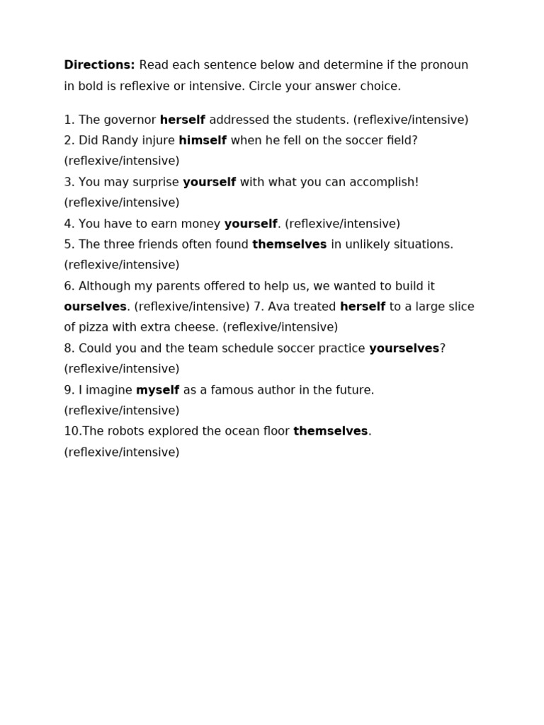 Reflexive vs. Intensive Pronouns Exercise | PDF