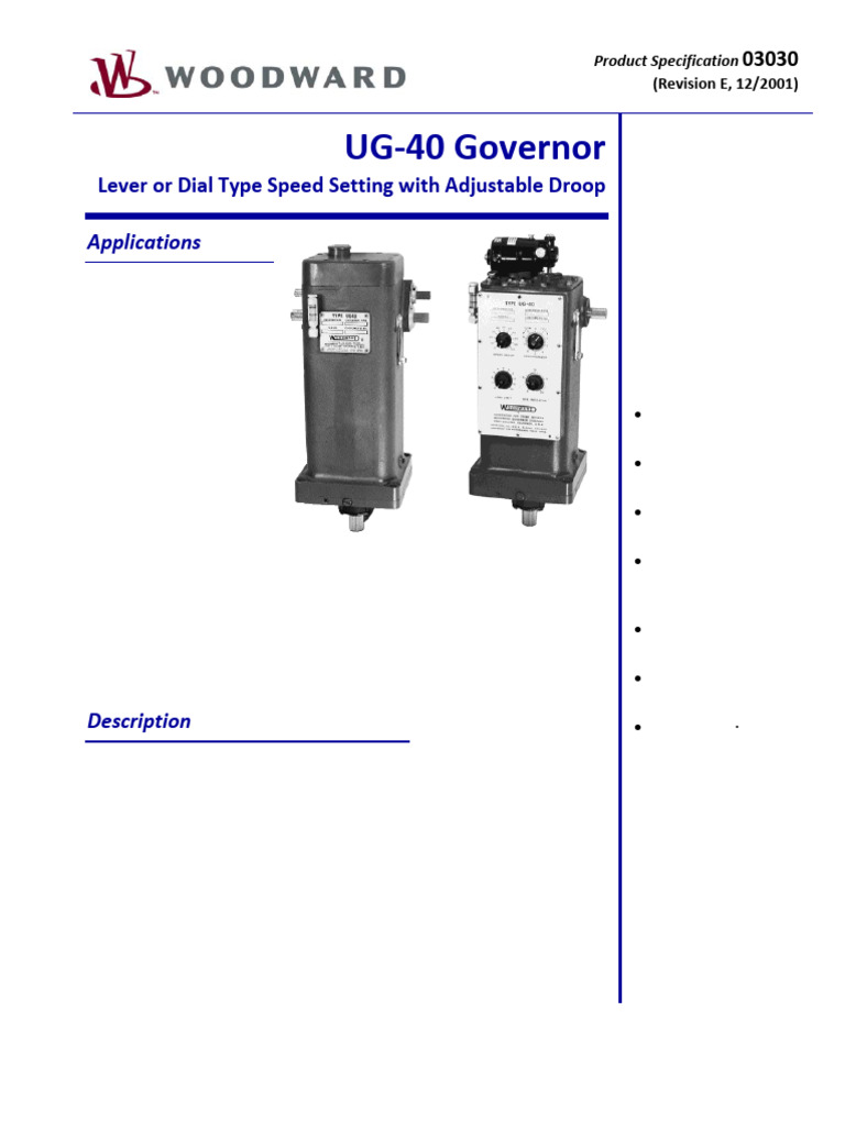 UG-40 Governor Specifications Guide | PDF | Engines | Electric Motor