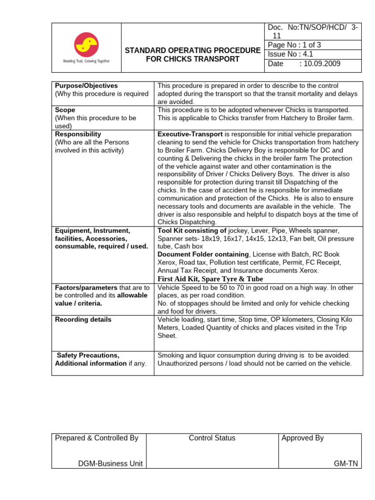 Chicks Transport SOP Guidelines | PDF | Vehicles | Brake