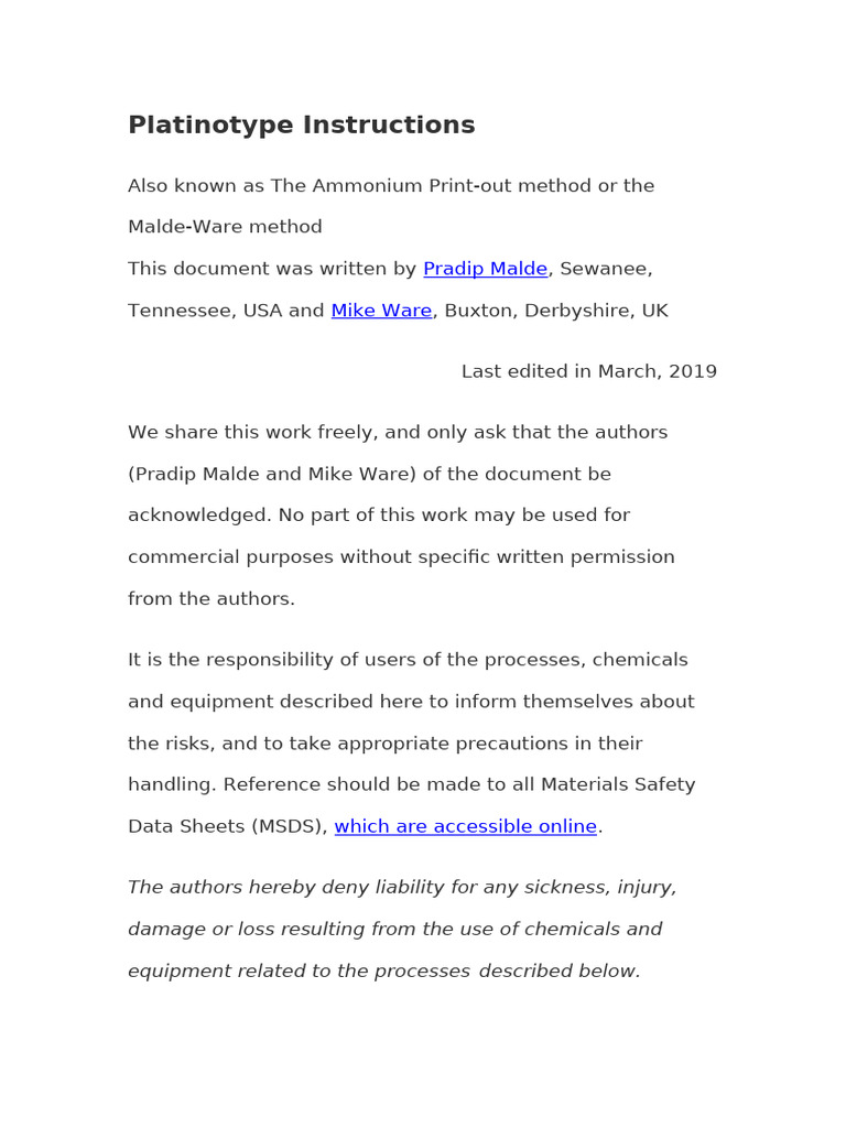 Platinotype Instructions氨打印法 | PDF | Humidity | Allergy