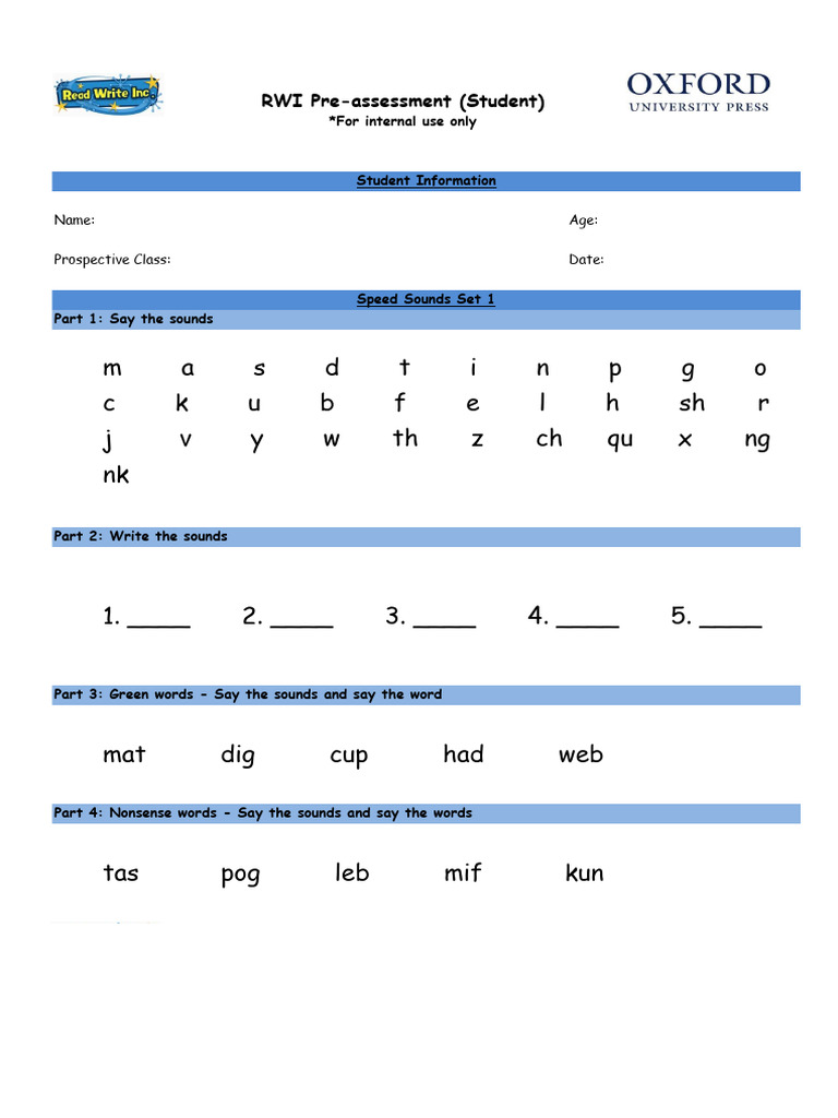 RWI Pre-Assessment (Student) | PDF