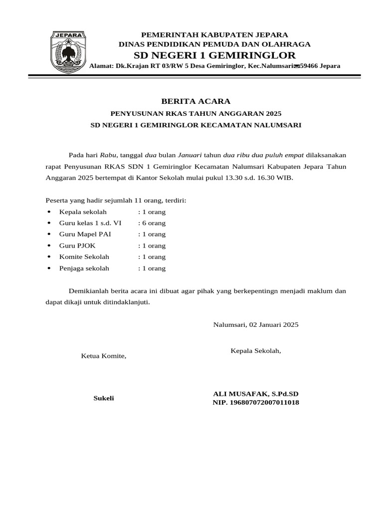 Contoh Berita Acara Dan Daftar Hadir Penyusunan RKAS | PDF