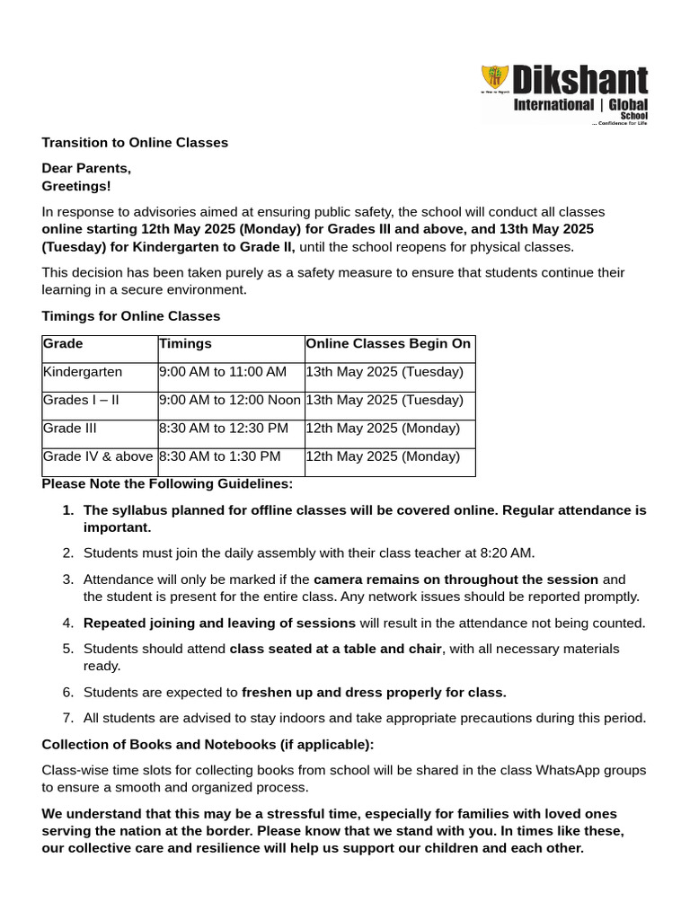 Online Class Transition Notice 2025 | PDF