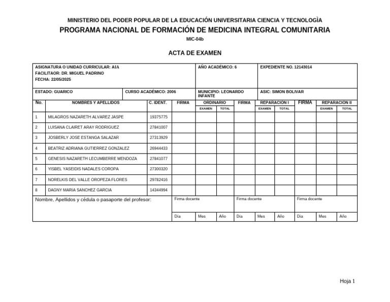 Acta - Asic - Simon Bolivar - Asignatura - Atención Integral A La Mujer y La Emb | PDF