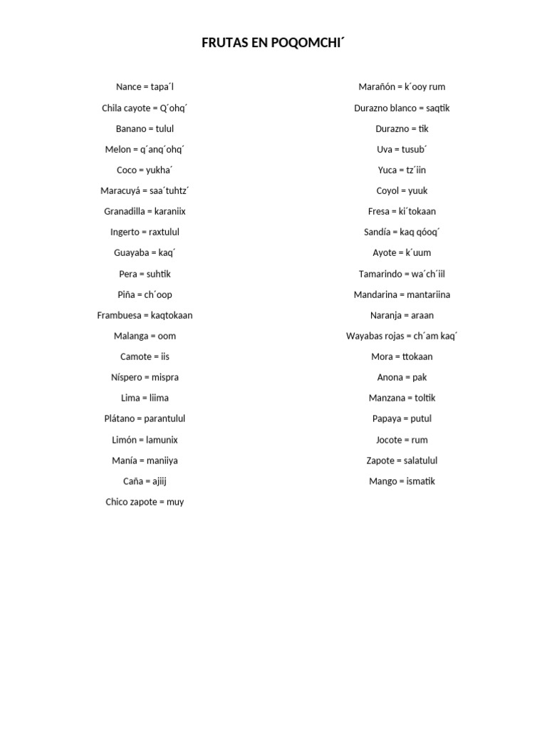 Frutas en Poqomchi: Vocabulario Esencial | PDF