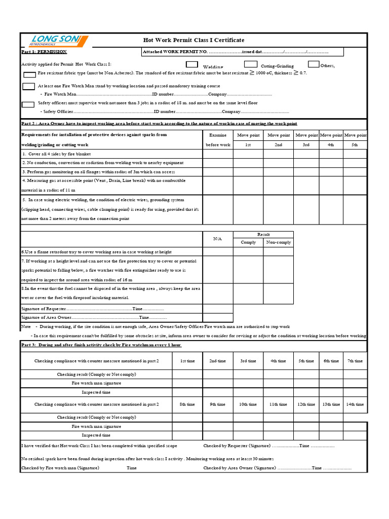 Attachment 2 - Hot Work Class I Certificate | PDF | Welding | Construction