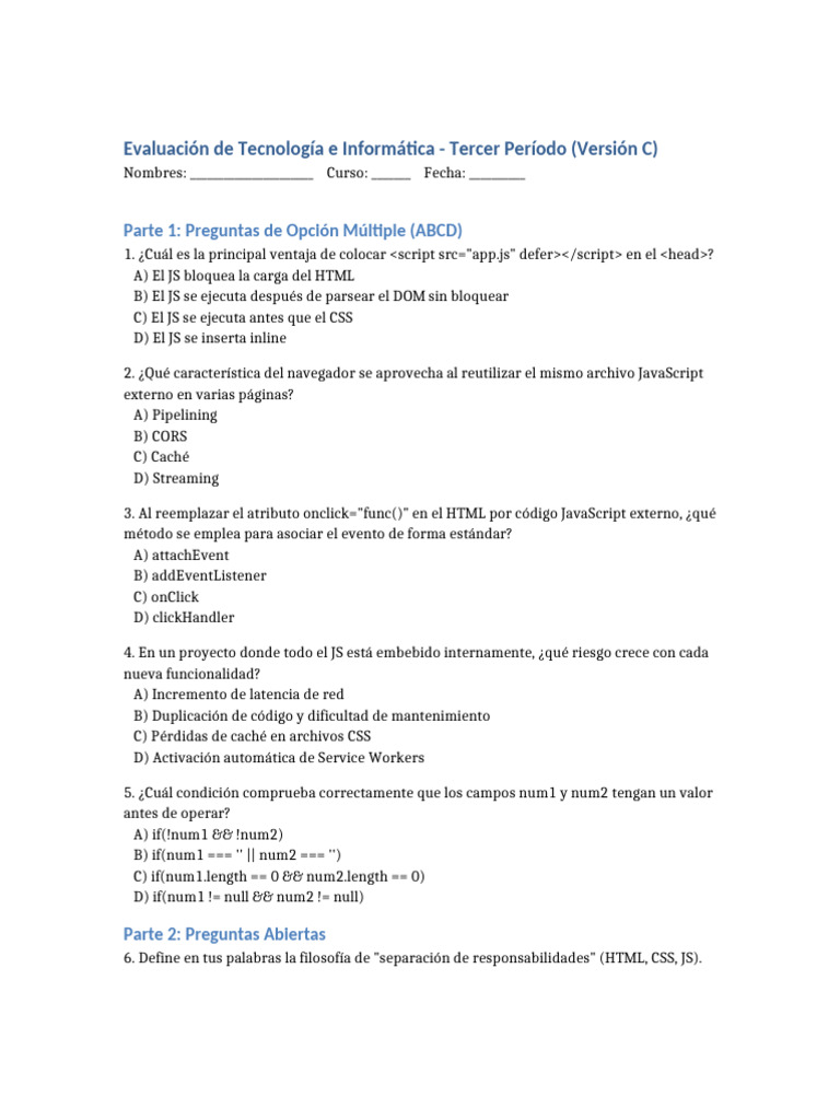 Examen_Tecnologia_VersionC | PDF | Script Java | HTML