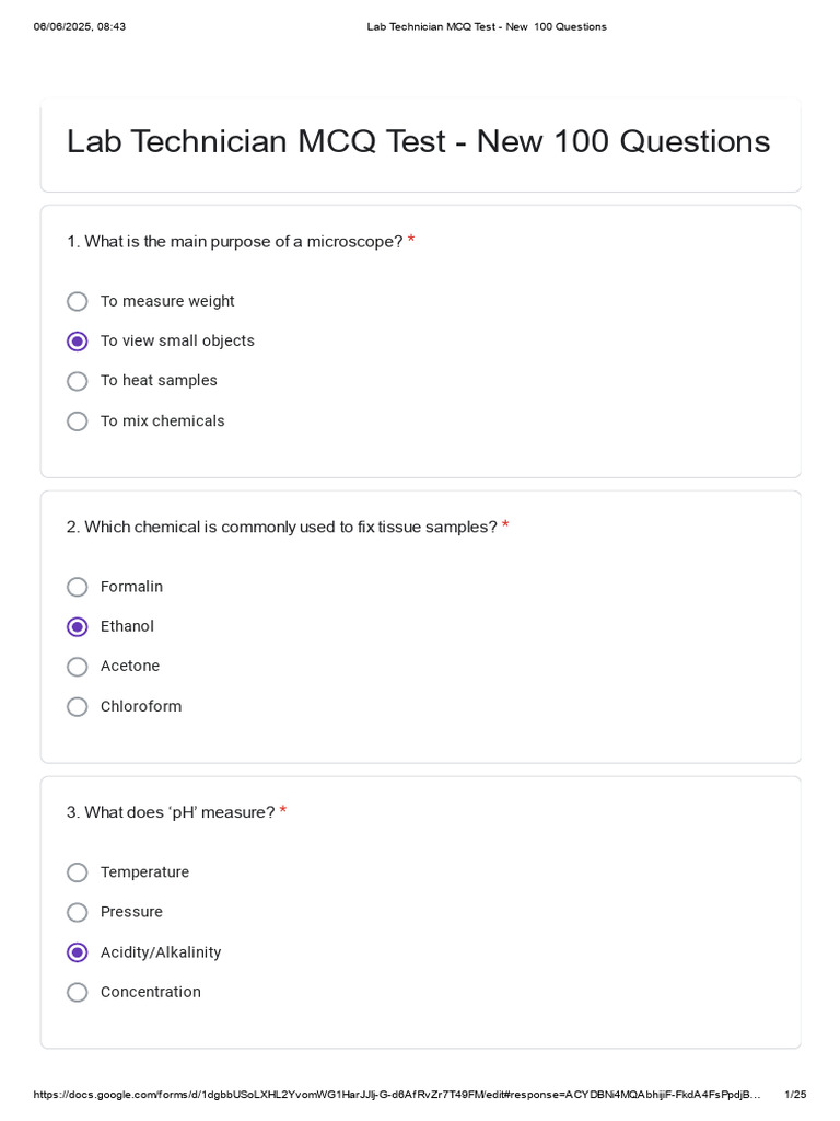 Lab Technician MCQ Test - New 100 Questions - Google Forms | PDF ...