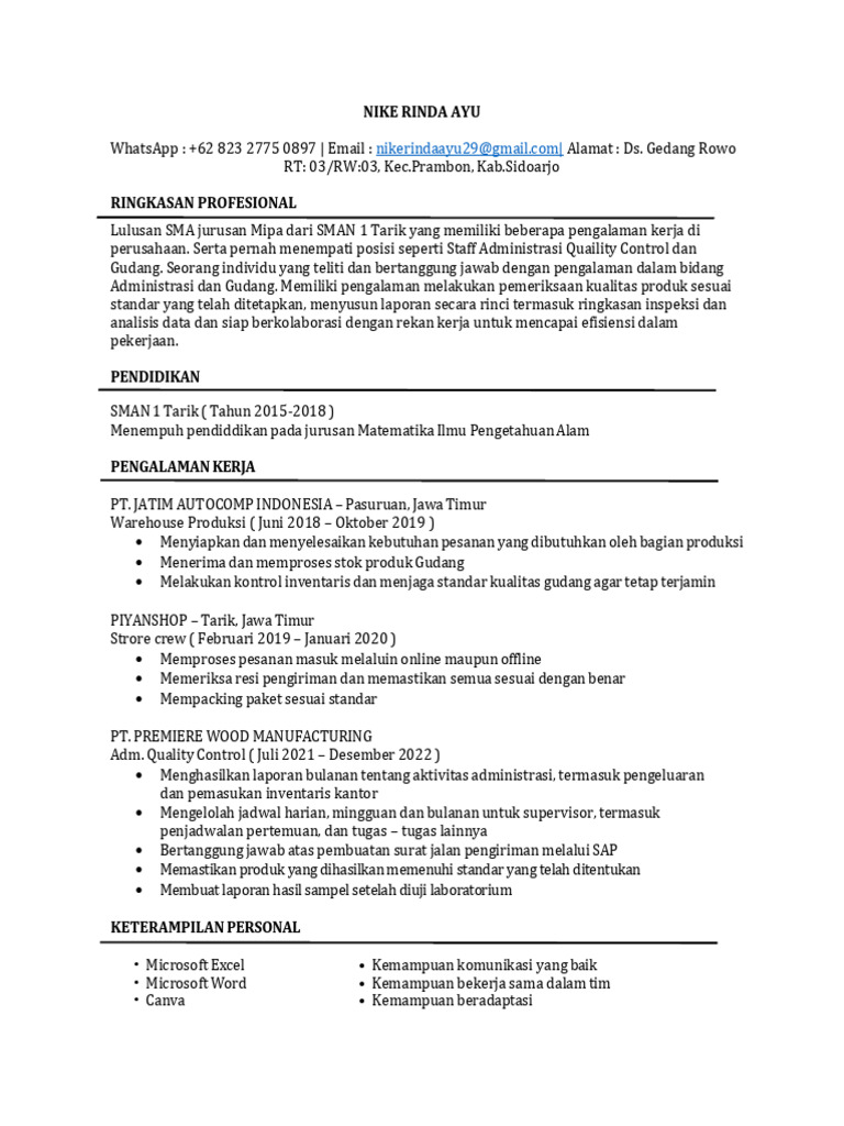 CV Nike Rinda Ayu | PDF