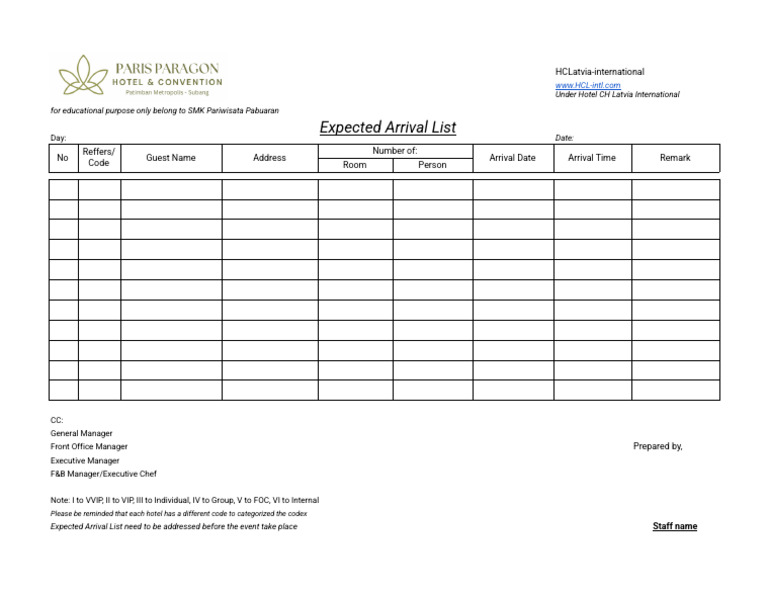 Expected Arrival List Form - Sheet1 | PDF
