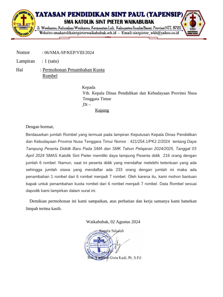 Surat Permohonan Tambah Kuota Rombel | PDF