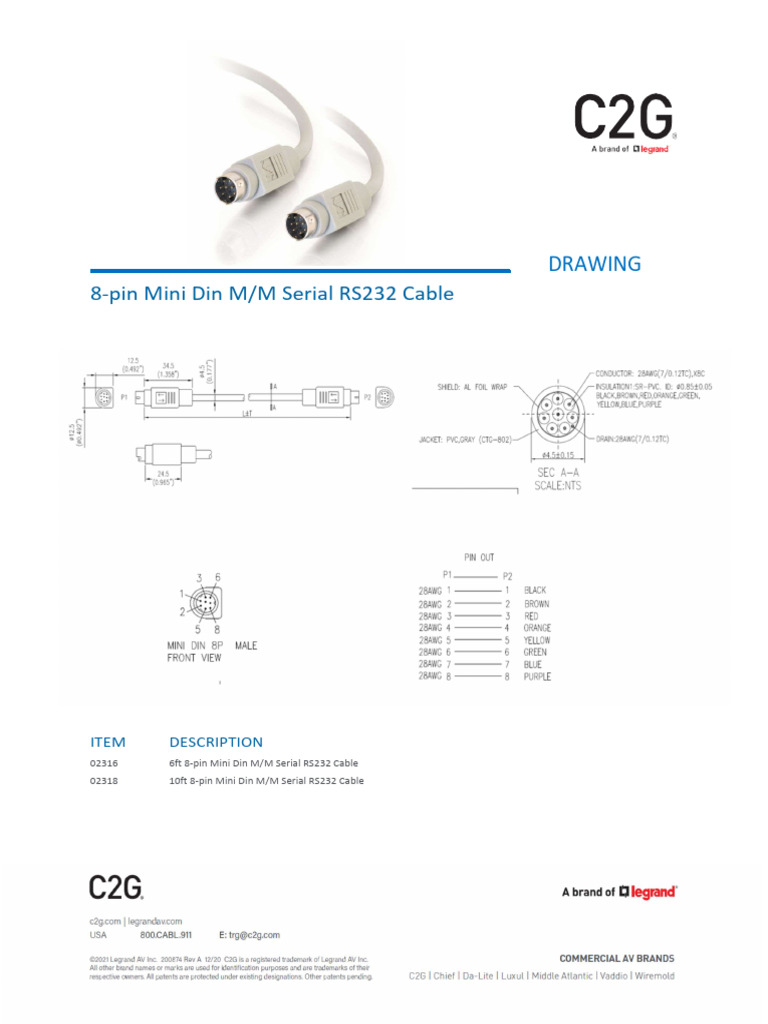 C2G DS 02316 8 Pin Mini Din M M Serial RS232 Cable | PDF