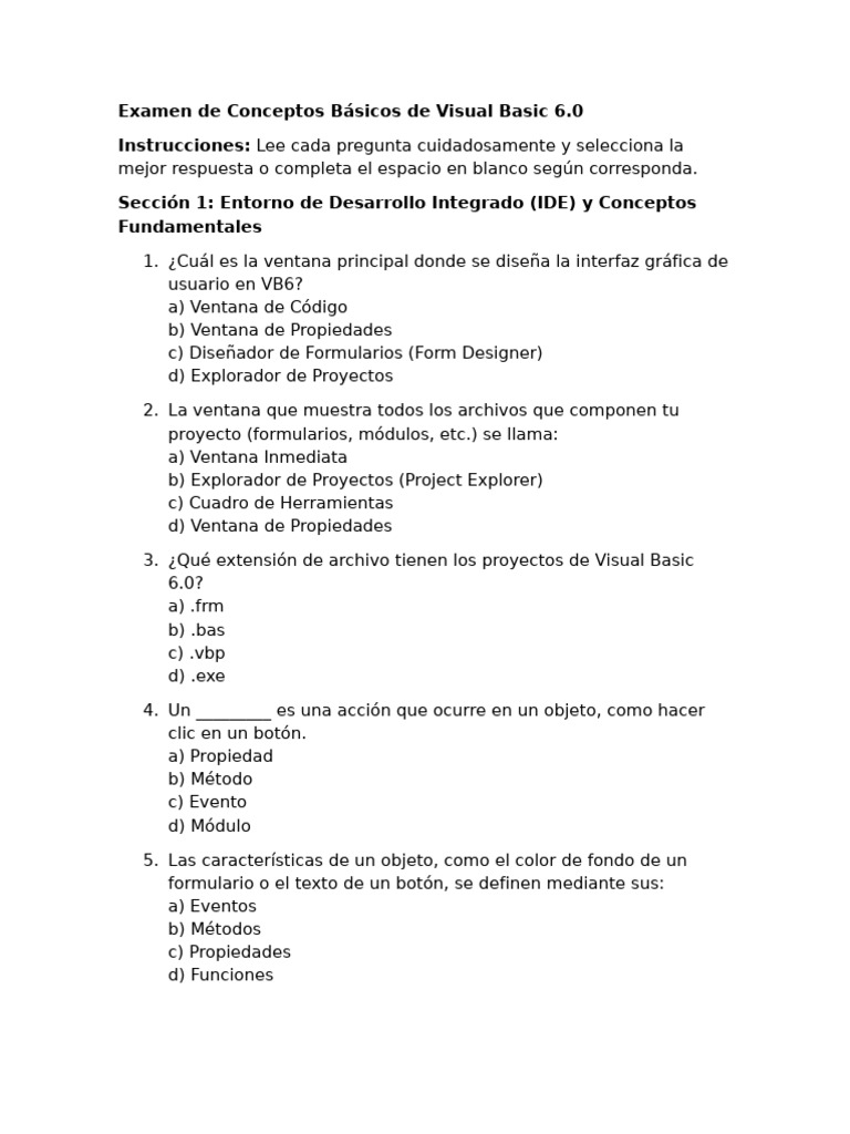 Examen de Conceptos Básicos de Visual Basic 6 | PDF | Ventana (informática) | Flujo de control