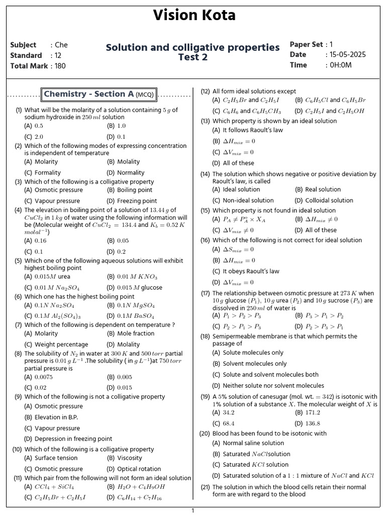 Solution and Colligative Properties Test 2 1747302879 | PDF | Osmosis ...