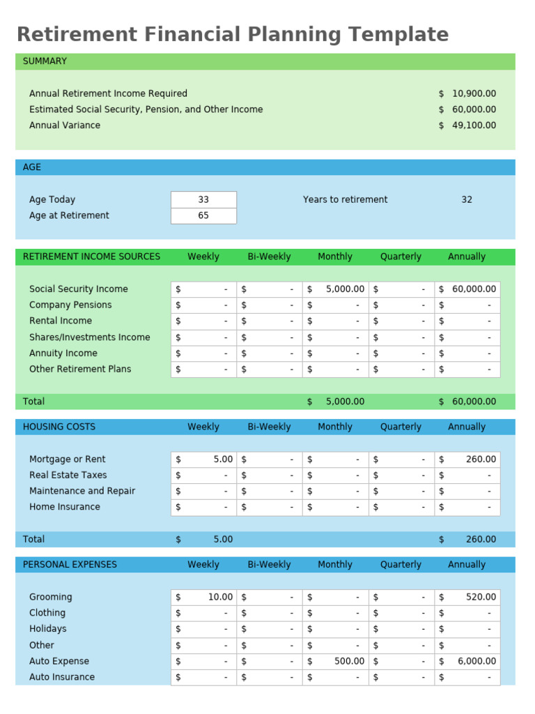 Retirement Financial Planning Template | PDF | Retirement | Pension