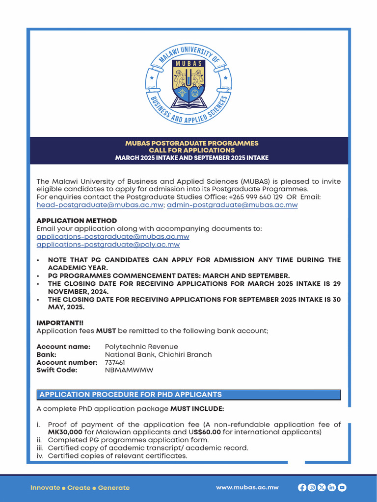 MUBAS Postgraduate Advert | PDF | Doctor Of Philosophy | Academic Degree