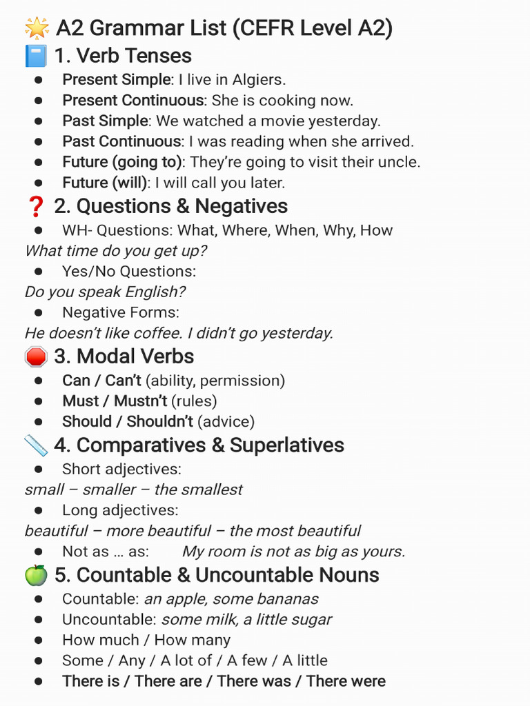 A2 Grammar List (CEFR Level A2) - 250606 - 172951 | PDF
