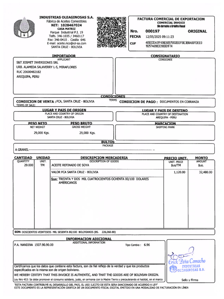 Factura Comercial de Exportacion | PDF
