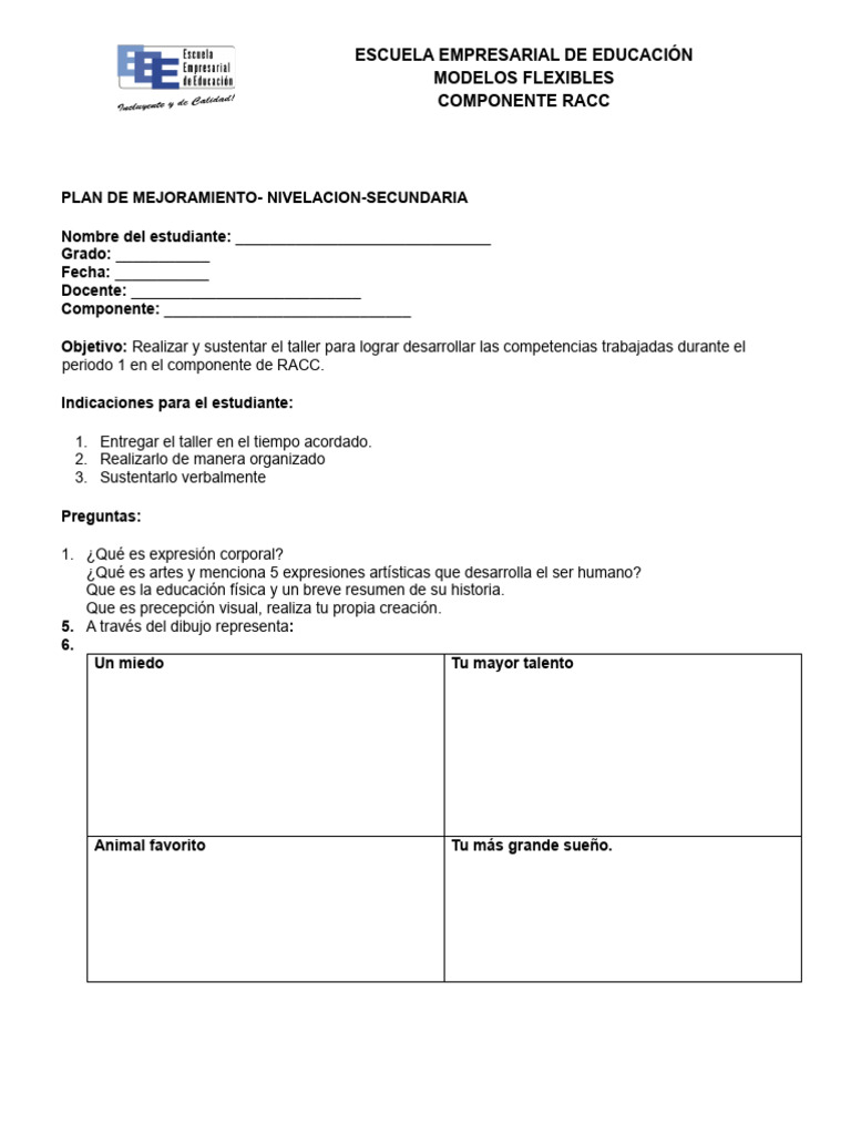 RACC-Plan de Mejoramiento - Nivelación Secundaria | PDF