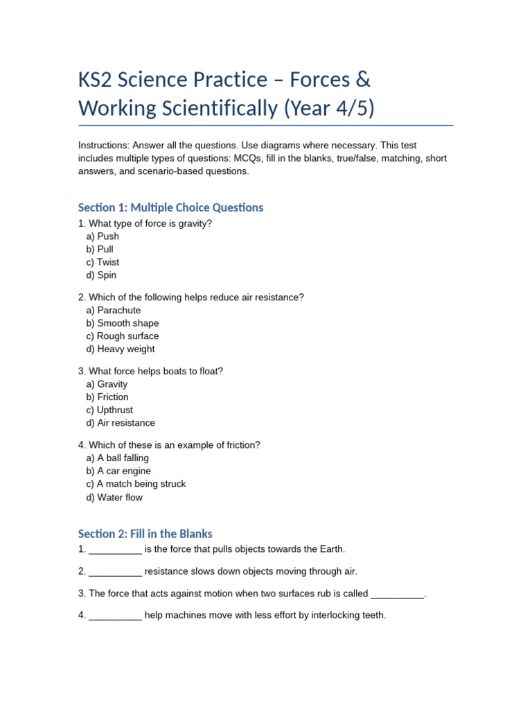KS2 Science Forces Practice Questions With Answers | PDF | Friction | Force