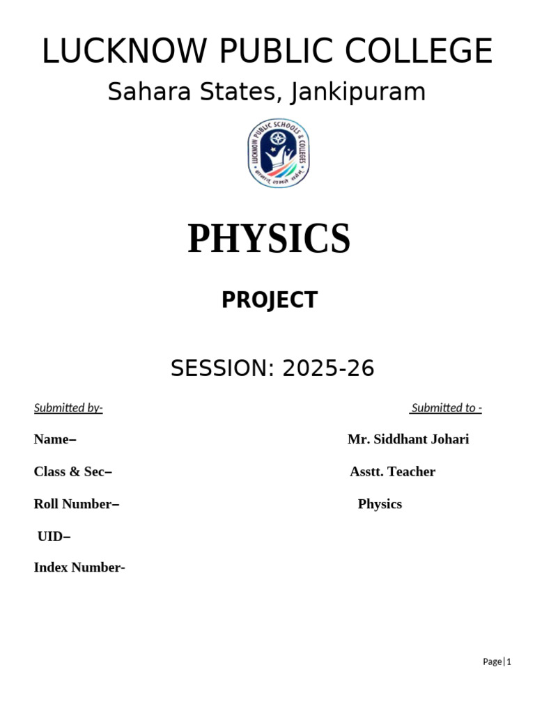 XII - Physics PROJECT - Cover Page & Acknowledgment - 2026 | PDF