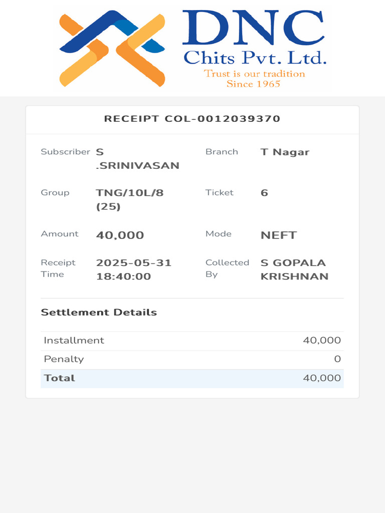 DNC Chits Receipt - COL-0012039370 - DNC Chits | PDF