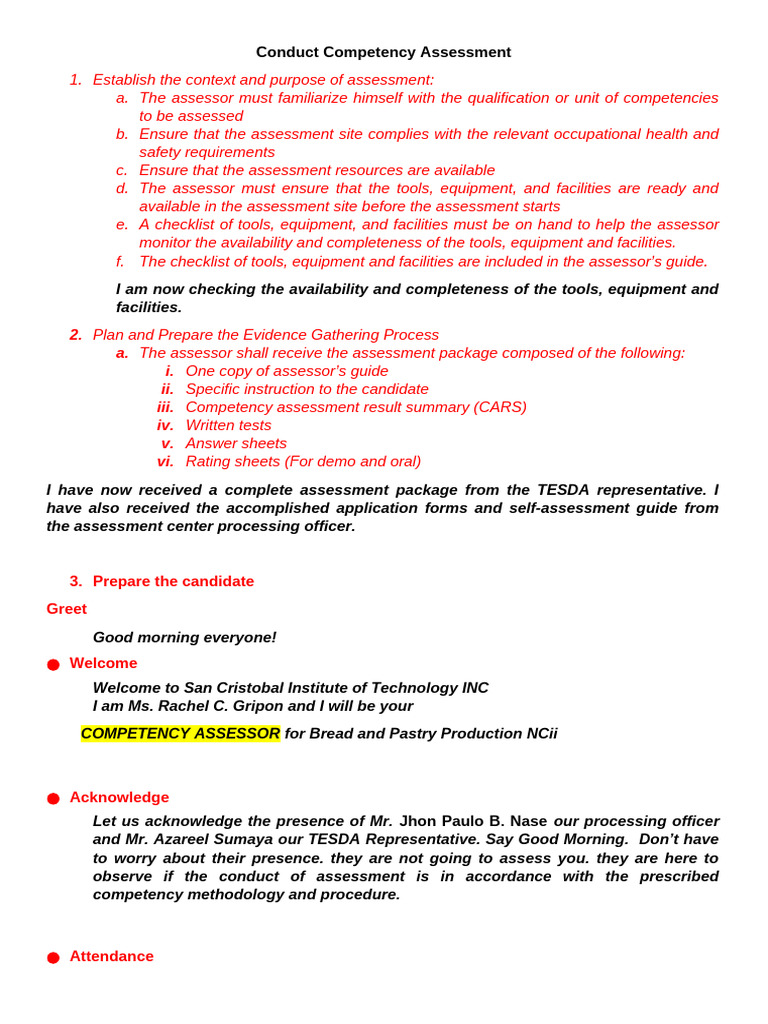 Conduct Competency Assessment Script 2024 | PDF | Cakes