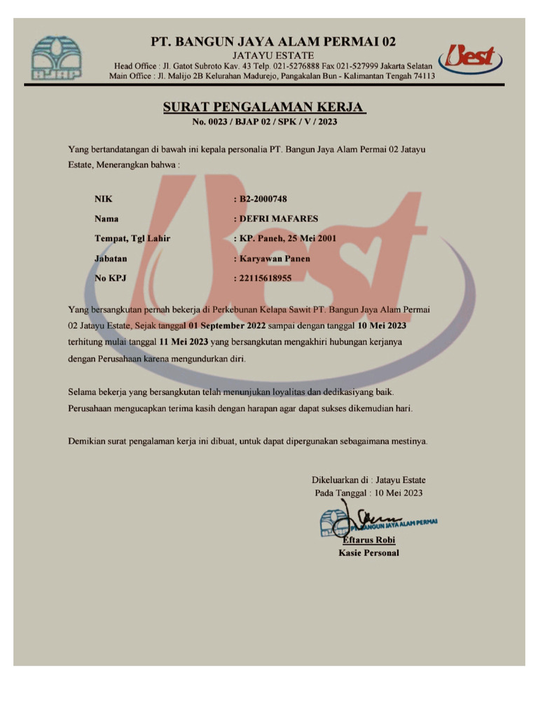 Paklaring Defri Mafares | PDF