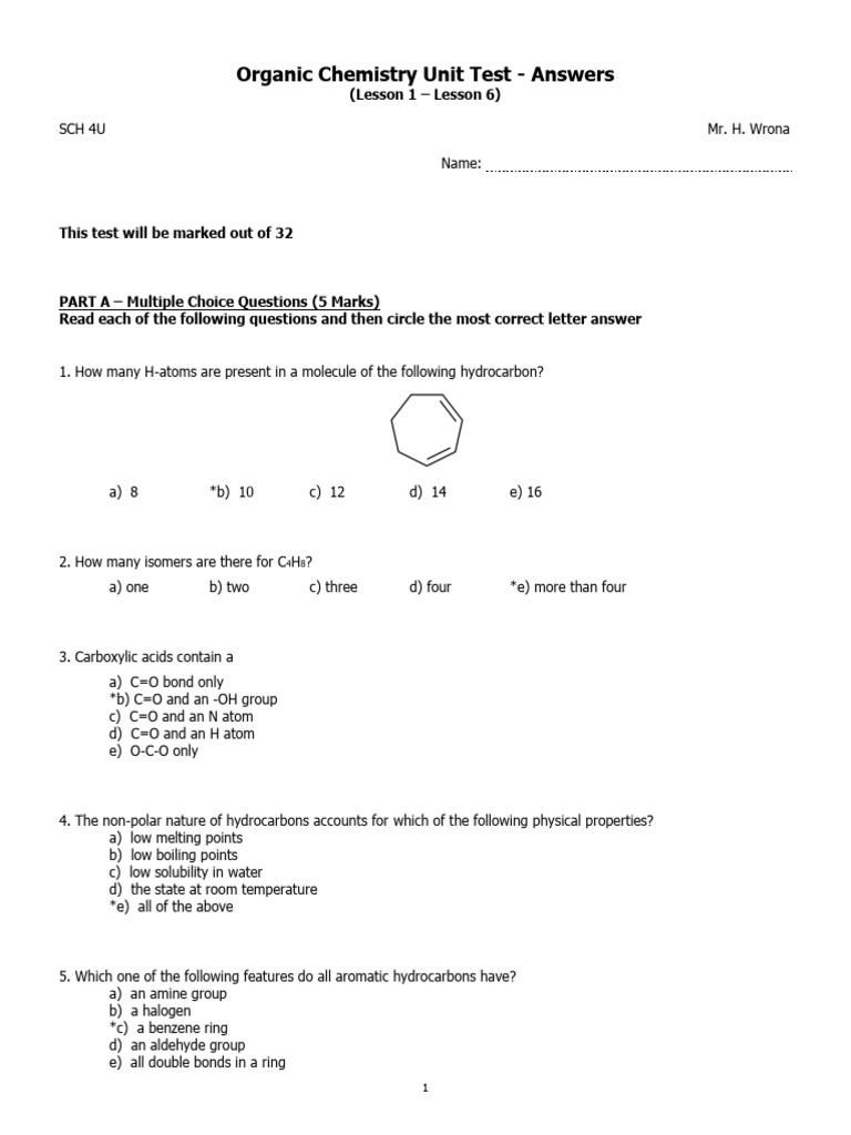 Organic Chemistry Unit Test Answers | PDF | Chemical Polarity ...