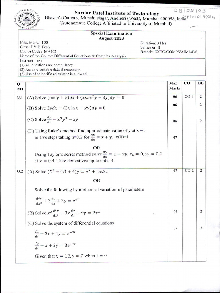 FE - Sem 2 - Differential Equations & Complex Analysis | PDF | Applied Mathematics ...