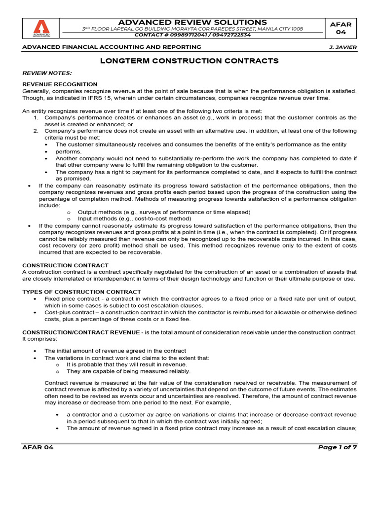 Long-Term Construction Contracts Review | PDF | Cost | Revenue
