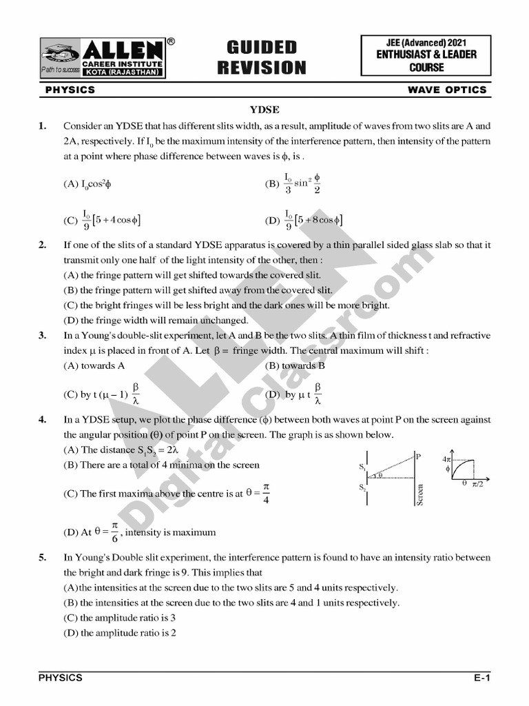 Guided Revision Sheet GRS - Wave Optics - E | PDF