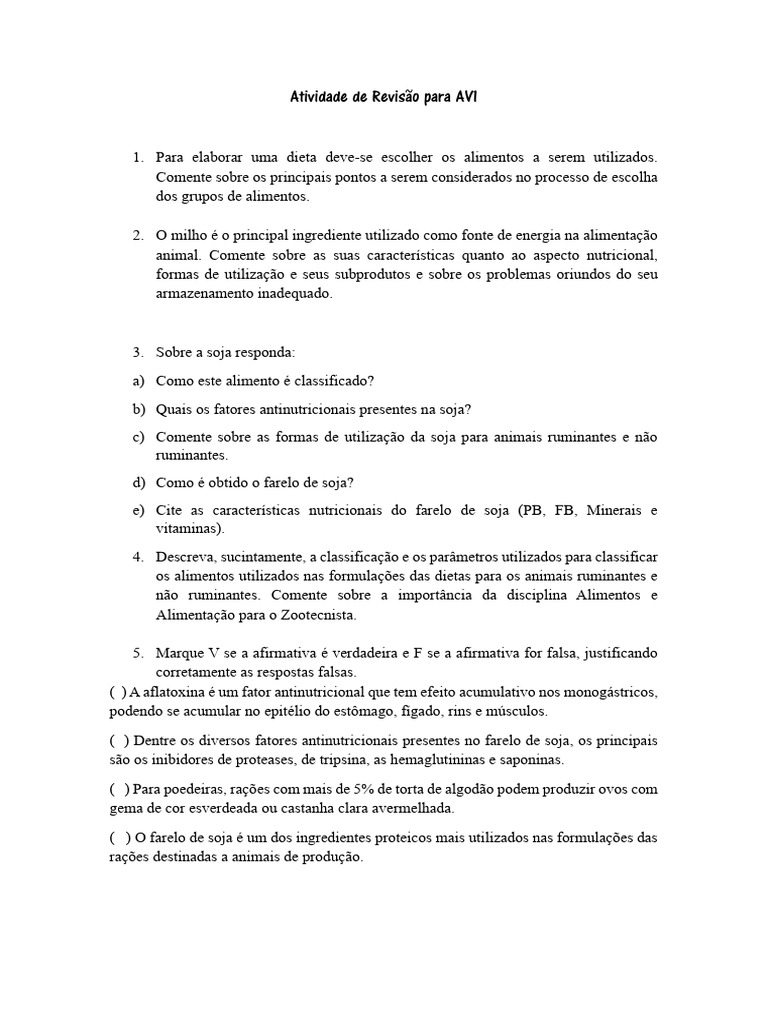 Atividade de Reviso para AV1 | PDF | Alimentos | Fibra alimentar
