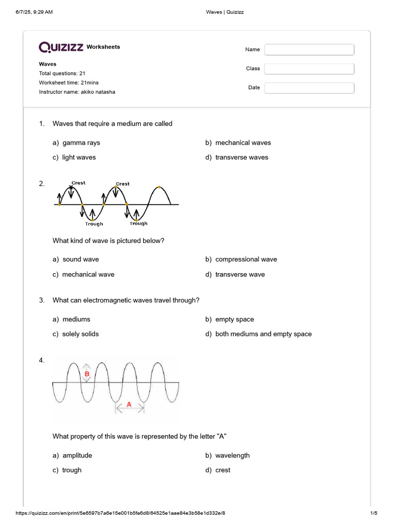 Waves Worksheet with 21 Questions | PDF | Waves | Frequency