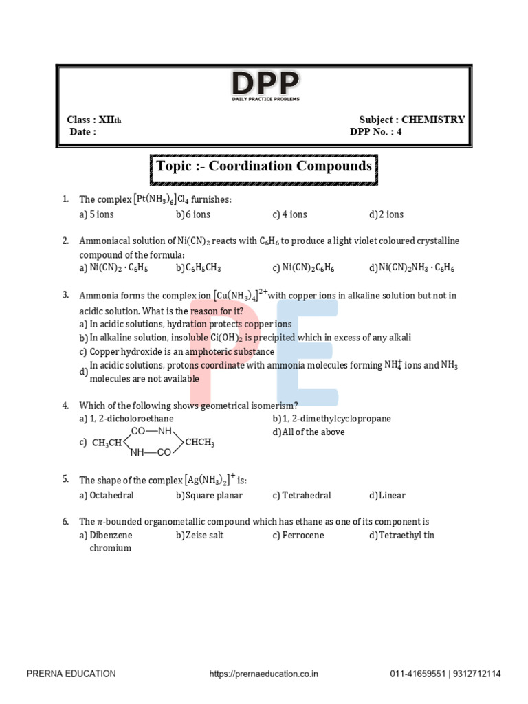Coordination Compounds DPP 4 | PDF | Hydroxide | Coordination Complex