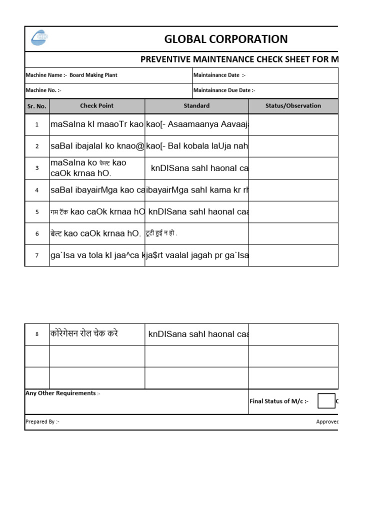 MMT-04 Preventive Maintenance Check Sheet for Machine | PDF