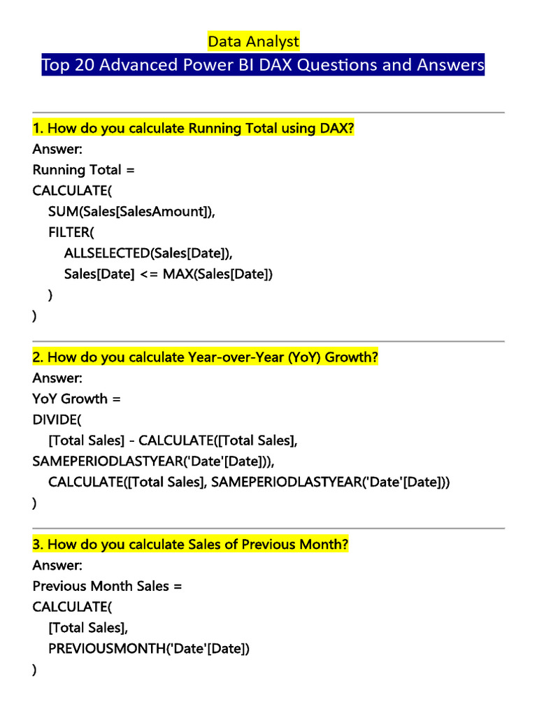 Top 20 Advanced Power BI DAX Questions and Answers | PDF