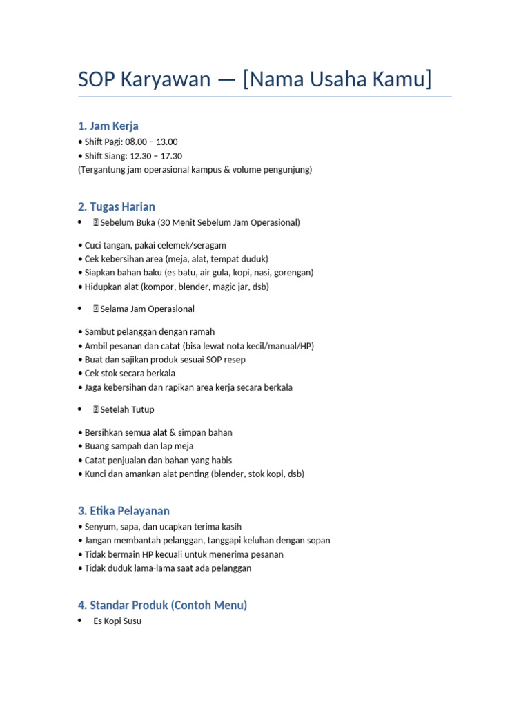 SOP Karyawan Usaha Kopi Revisi | PDF